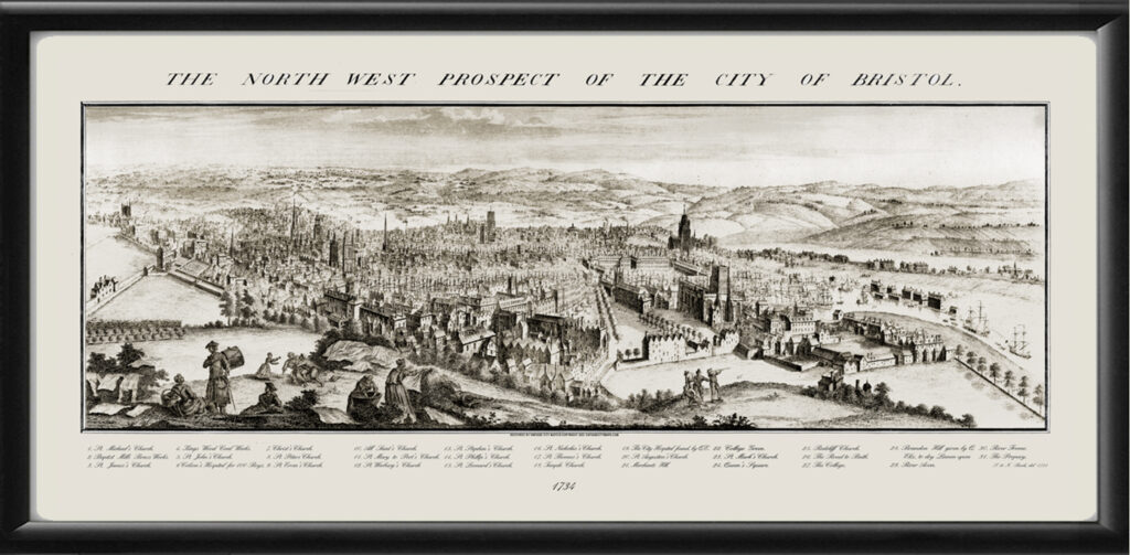 Bristol England 1734 - Restored Bird's Eye View | Vintage City Maps