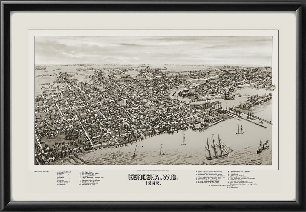 Kenosha WI 1882 - Restored Bird's Eye View - Vintage City Maps