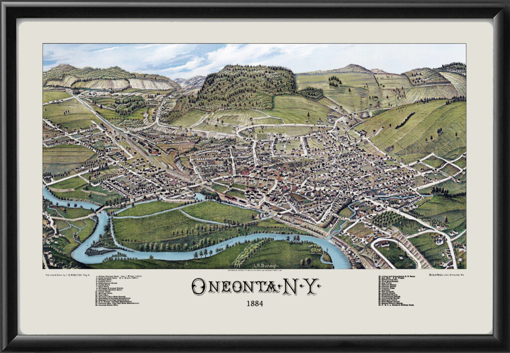 Oneonta NY 1884 (Color) - Restored Bird's Eye View Map | Vintage City Maps
