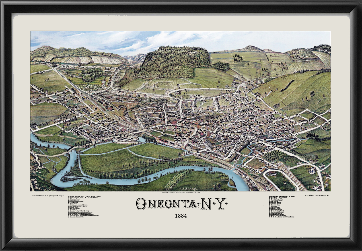 Oneonta NY 1884 (Color) - Restored Bird's Eye View Map | Vintage City Maps