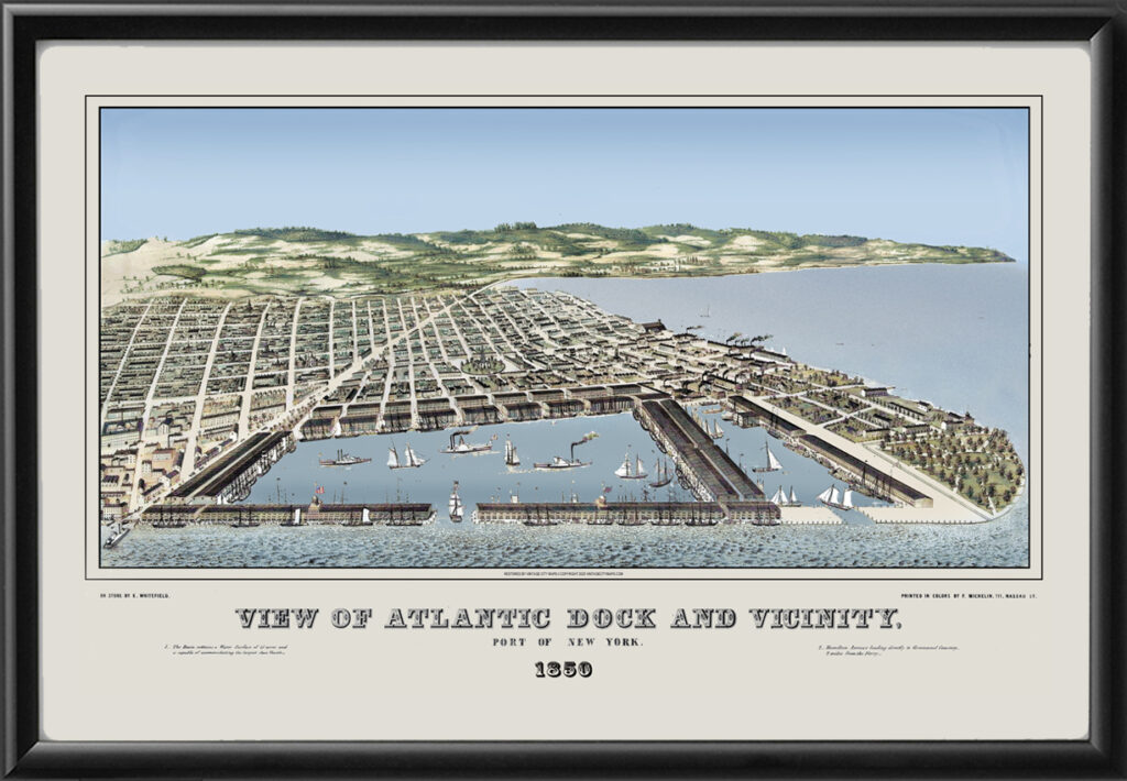 New York City NY 1850 - Atlantic Docks and Vicinity in Brooklyn (Color)