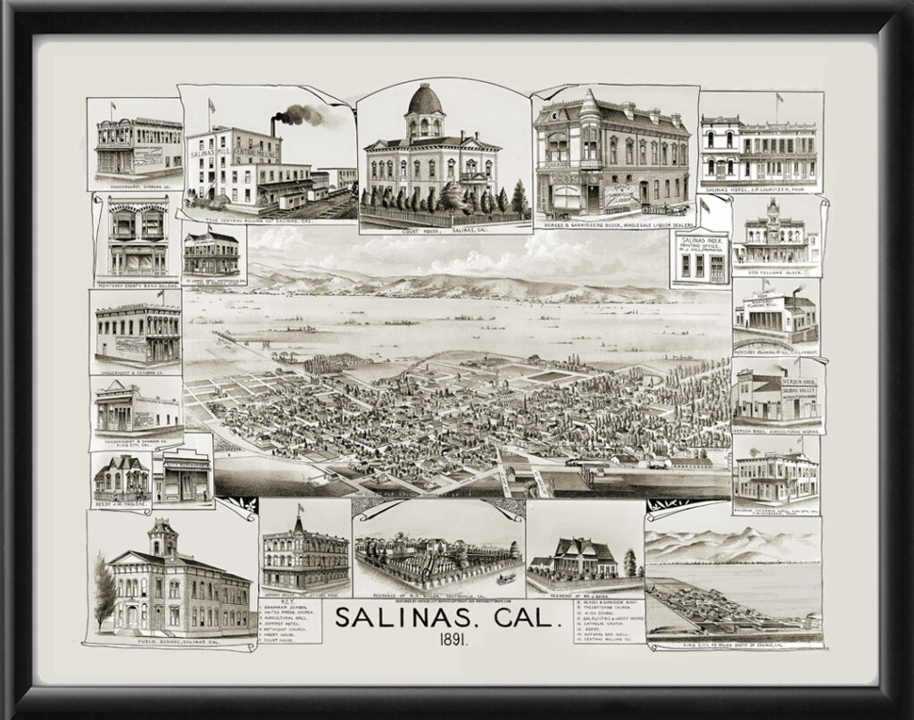 Salinas CA 1891 - Restored Bird's Eye View | Vintage City Maps