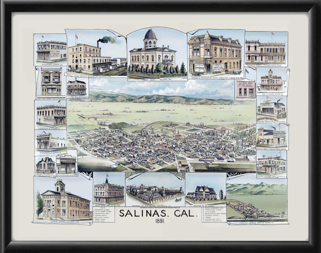 Salinas CA 1891 - Restored Bird's Eye View | Vintage City Maps