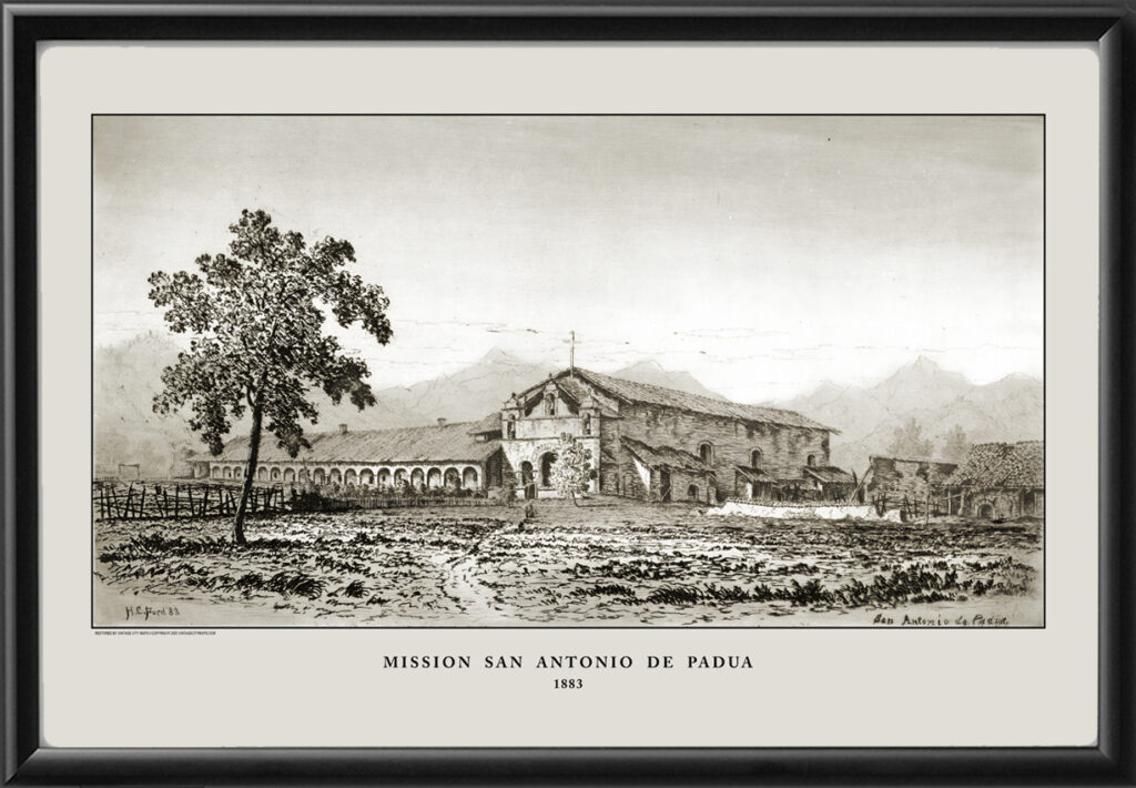 Mission San Antonio de Padua 1883, Jolon, CA - Vintage City Maps