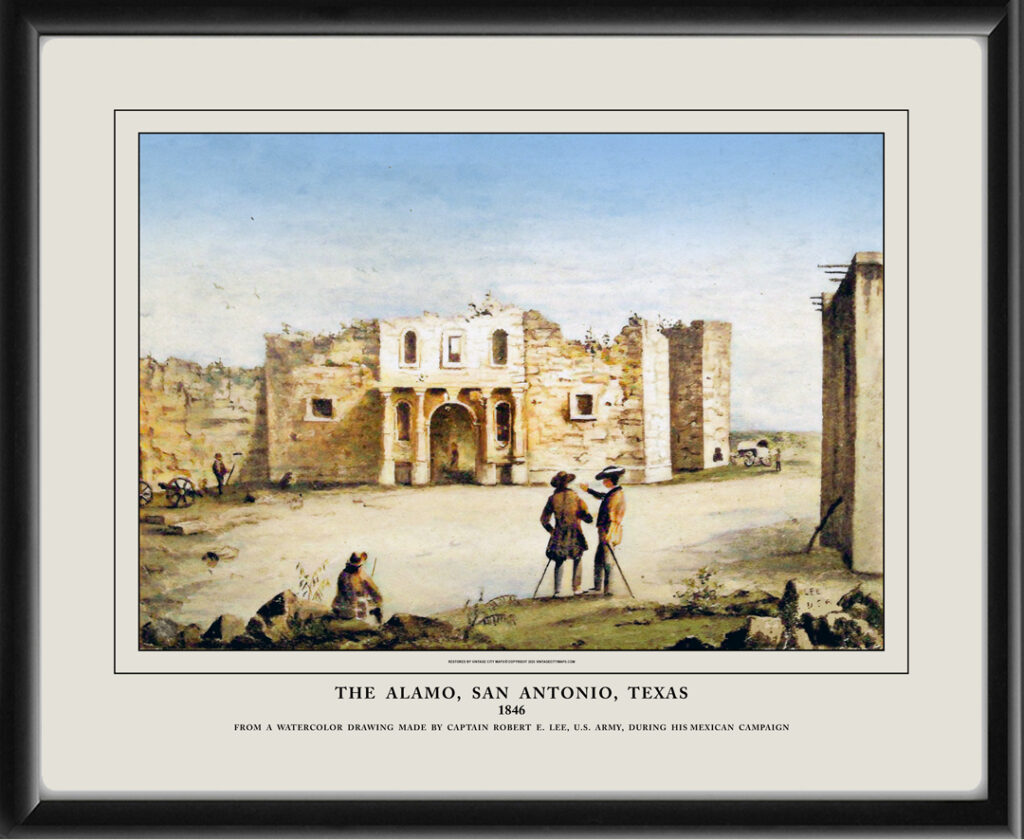 San Antonio TX - The Alamo 1846 by Capt. Robert E. Lee - Vintage City Maps