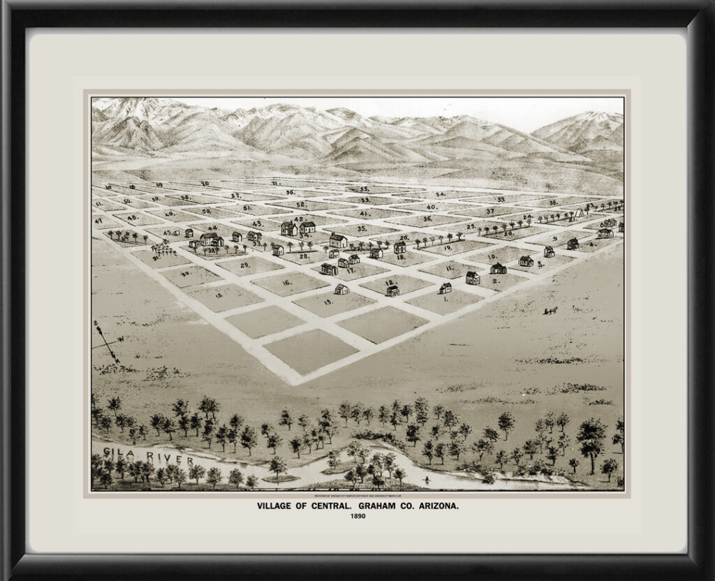 Village of Central, AZ 1890 - Restored Bird's Eye View Map | Vintage ...