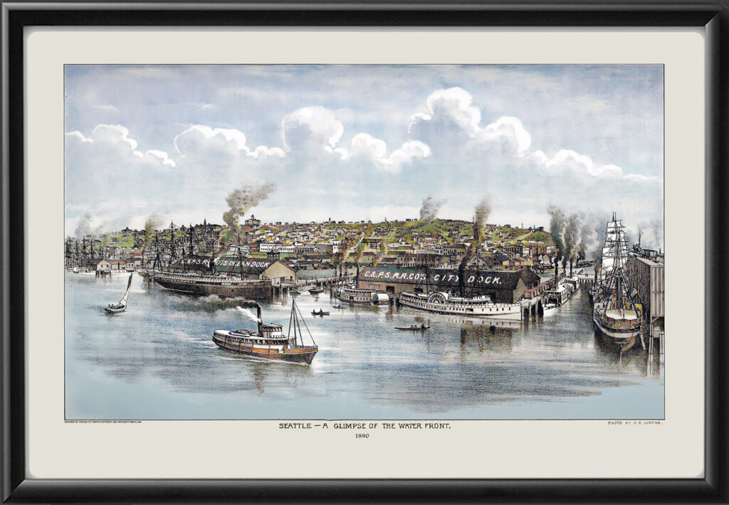 Seattle WA 1890 (Color) - Restored Bird's Eye View | Vintage City Maps
