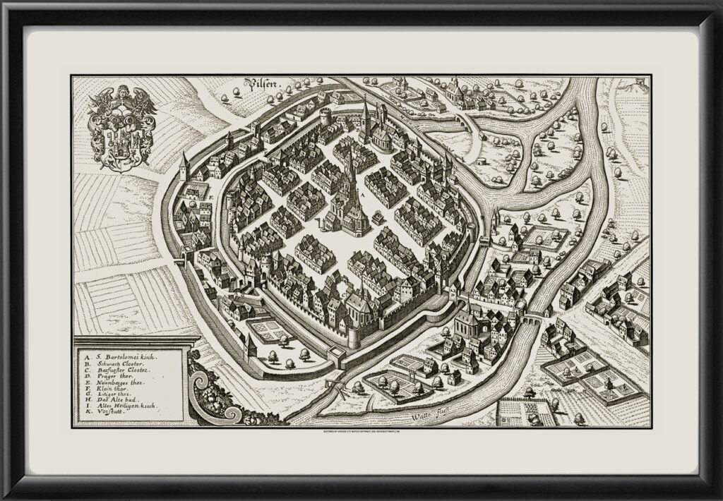 Pilsen, Czech Republic 1650 - Restored Bird's Eye View Map | Vintage ...