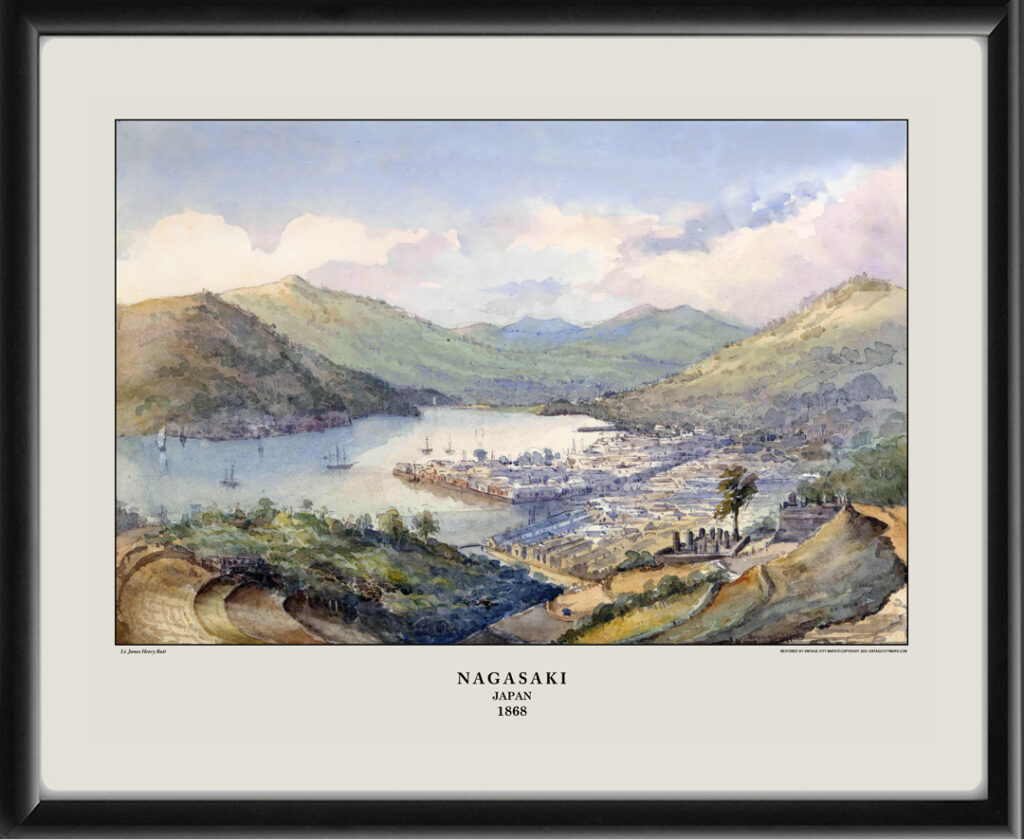 Nagasaki Japan 1868 - Restored Bird's Eye View | Vintage City Maps