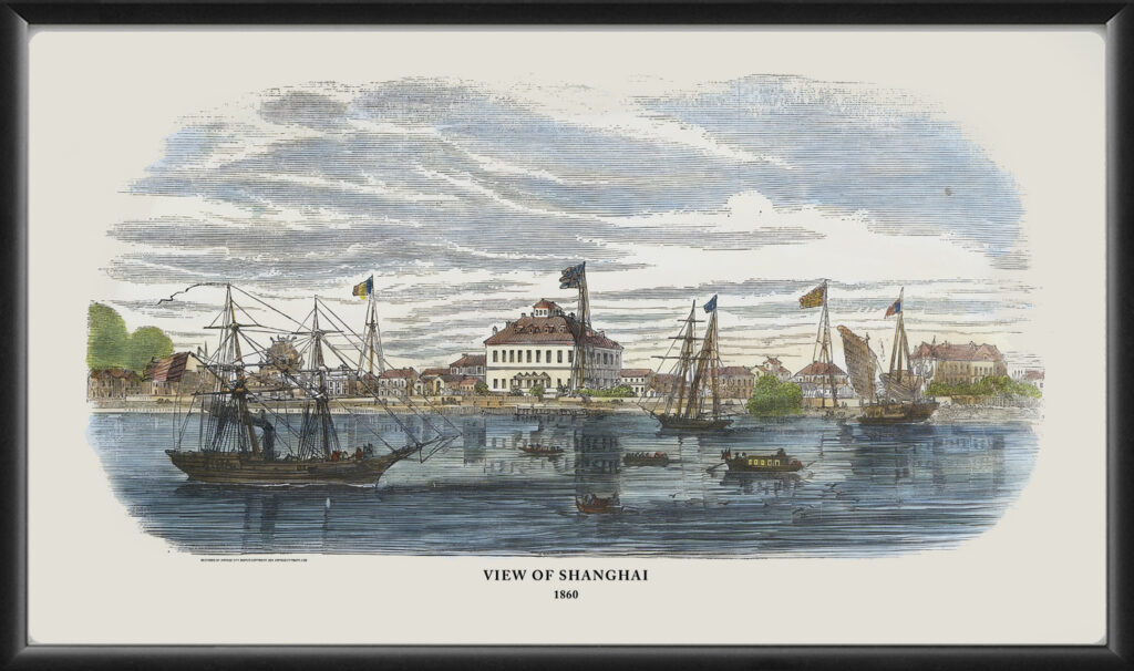 Shanghai China 1860 - Restored Panoramic View | Vintage City Maps