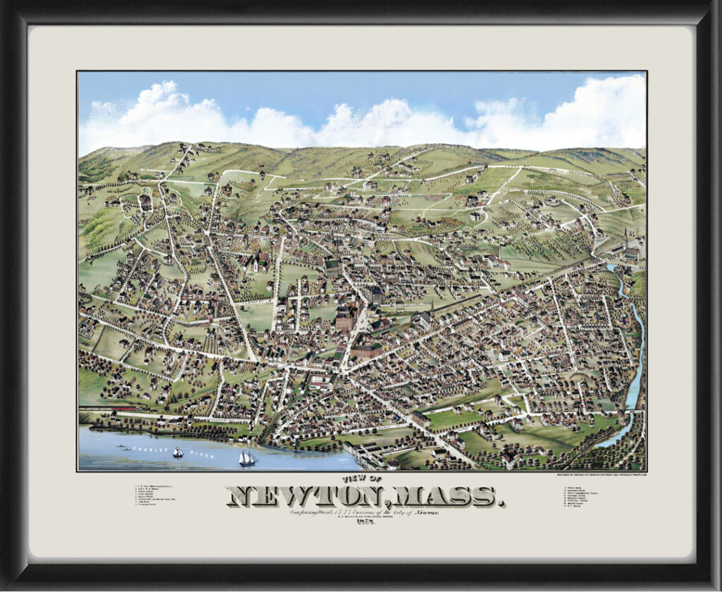 Newton MA 1878 (Color) - Restored Bird's Eye View Map | Vintage City Maps