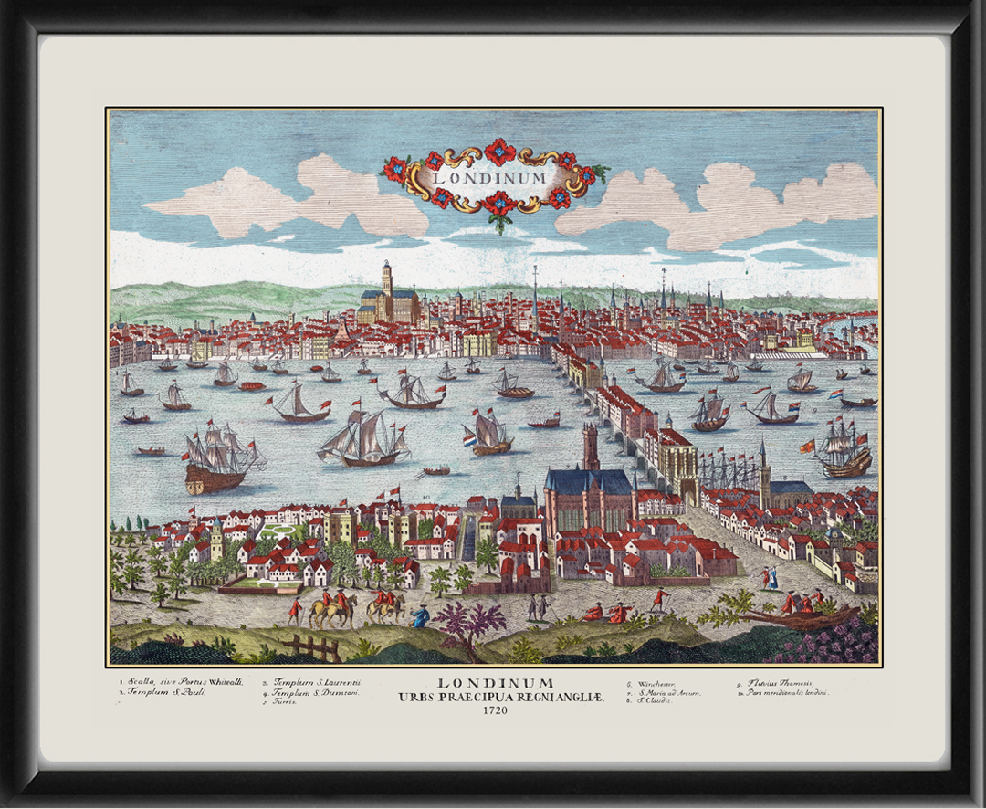 London England 1720 (Color) - Restored Bird's Eye View Map | Vintage ...