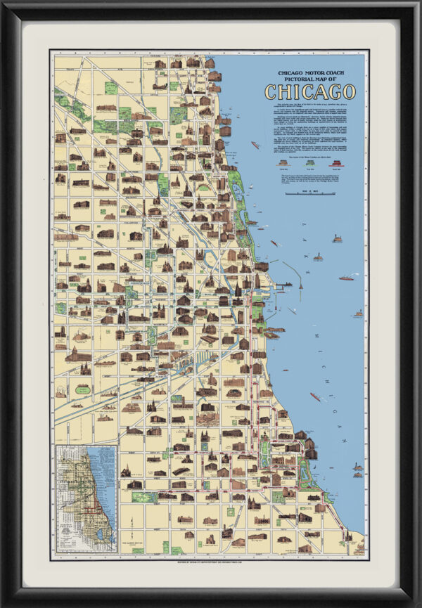 Chicago IL 1940 - Pictorial Motor Coach Map - Vintage City Maps