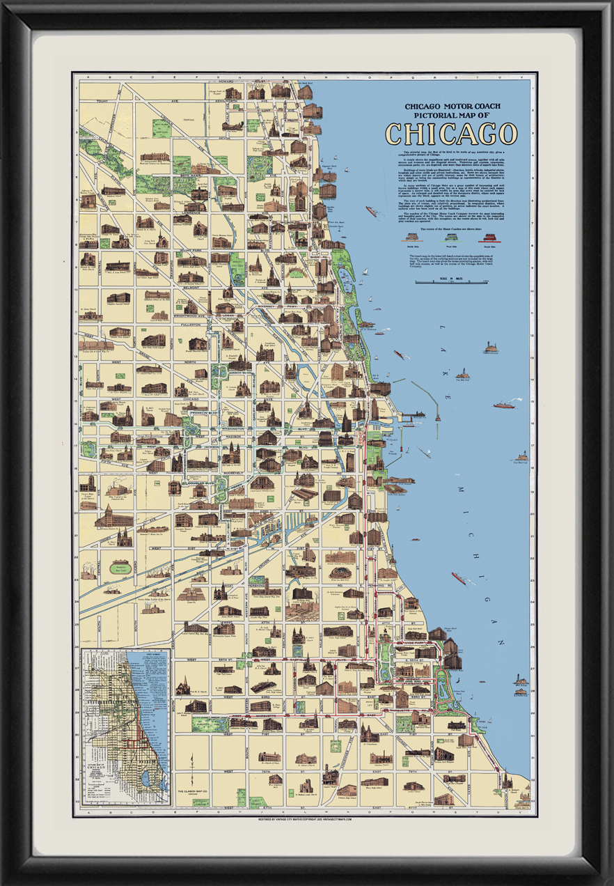 Chicago IL 1940 - Pictorial Motor Coach Map - Vintage City Maps