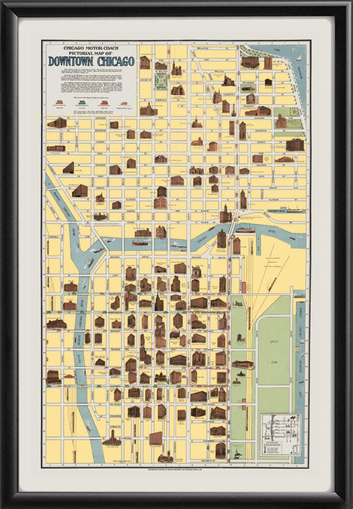 Chicago IL 1940 - Pictorial Motor Coach Map of Downtown Chicago