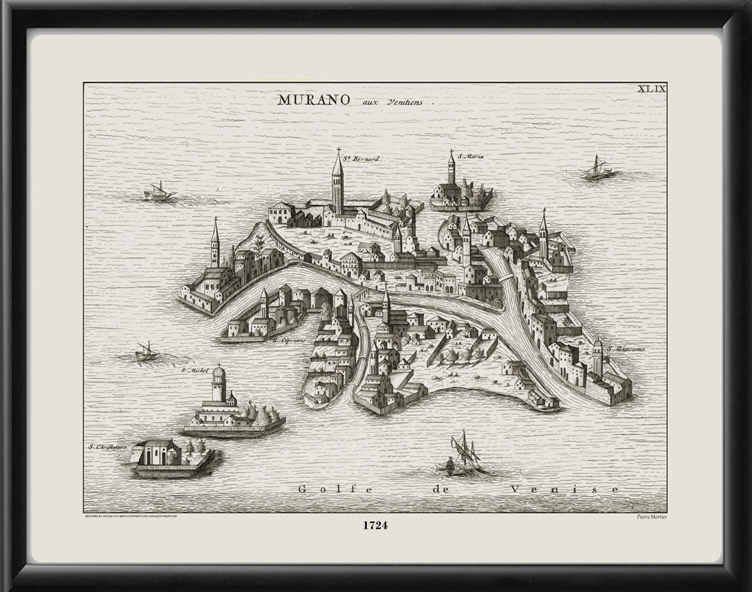 Murano, Venice Italy 1724 - Restored Bird's Eye View Map | Vintage City ...