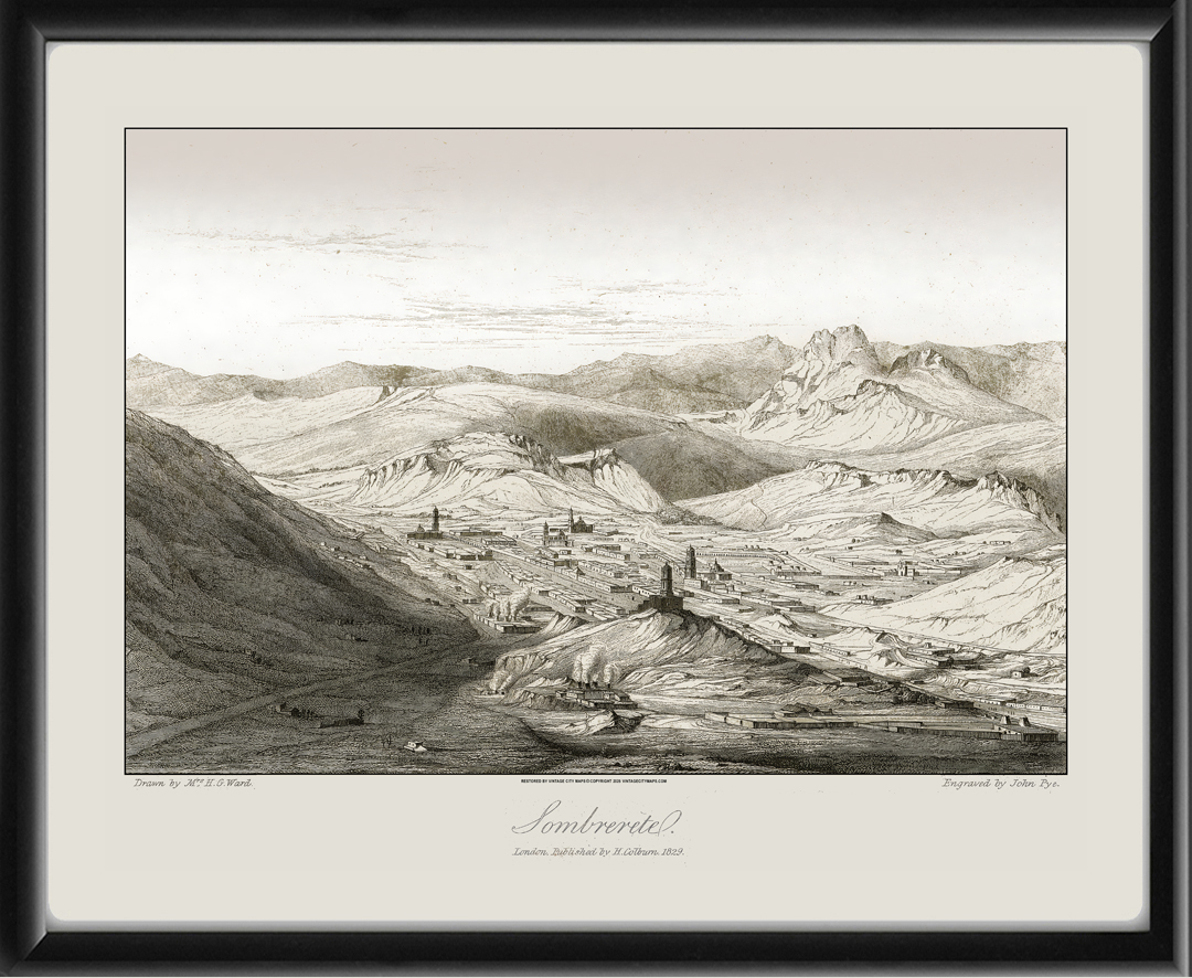 Sombrerete Mexico 1829 - Restored bird's eye view | Vintage City Maps
