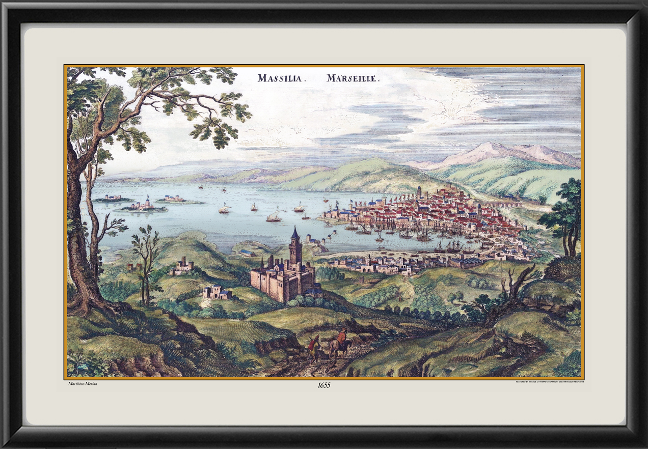 Marseille France 1655 - Restored Bird's Eye View | Vintage City Maps
