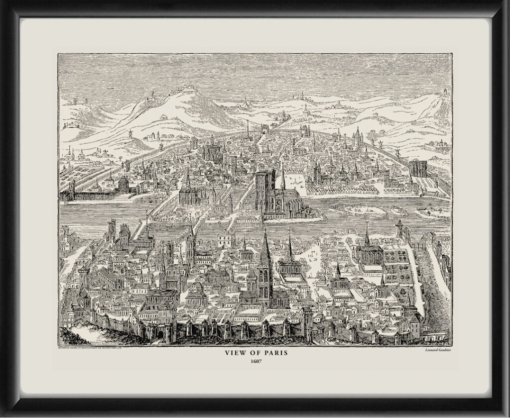 Paris France 1607 - Restored Bird's Eye View Map | Vintage City Maps