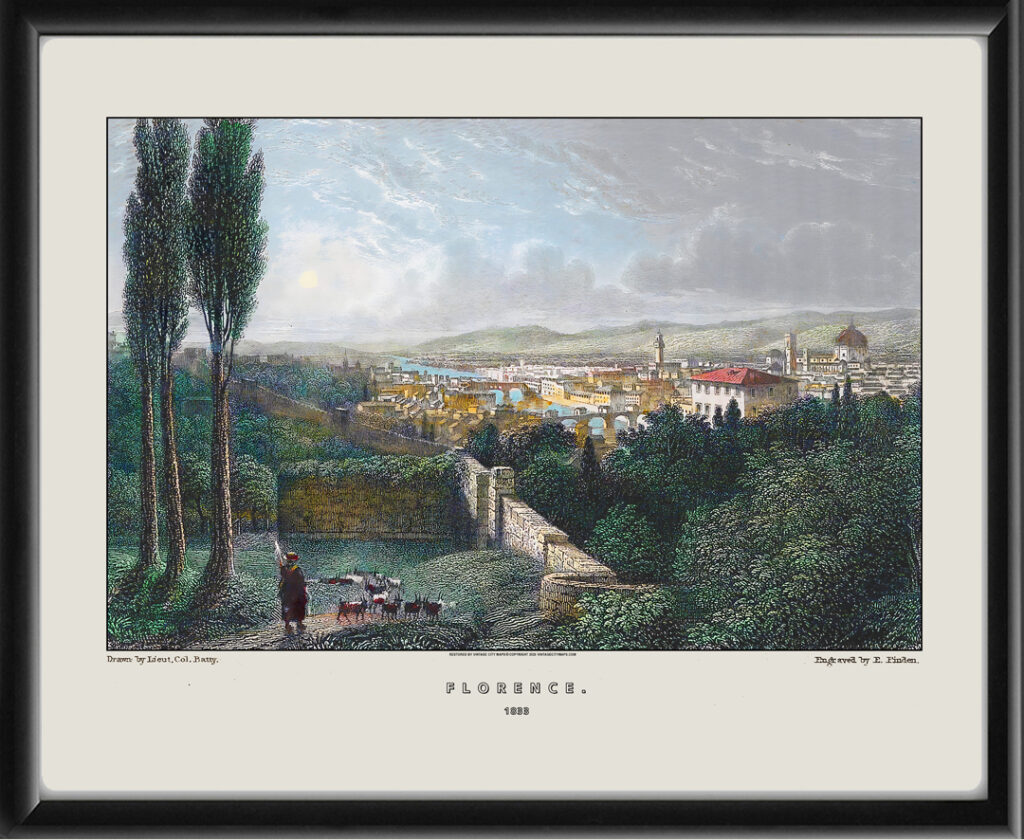 Florence Italy 1856 - Restored Bird's Eye View Map | Vintage City Maps