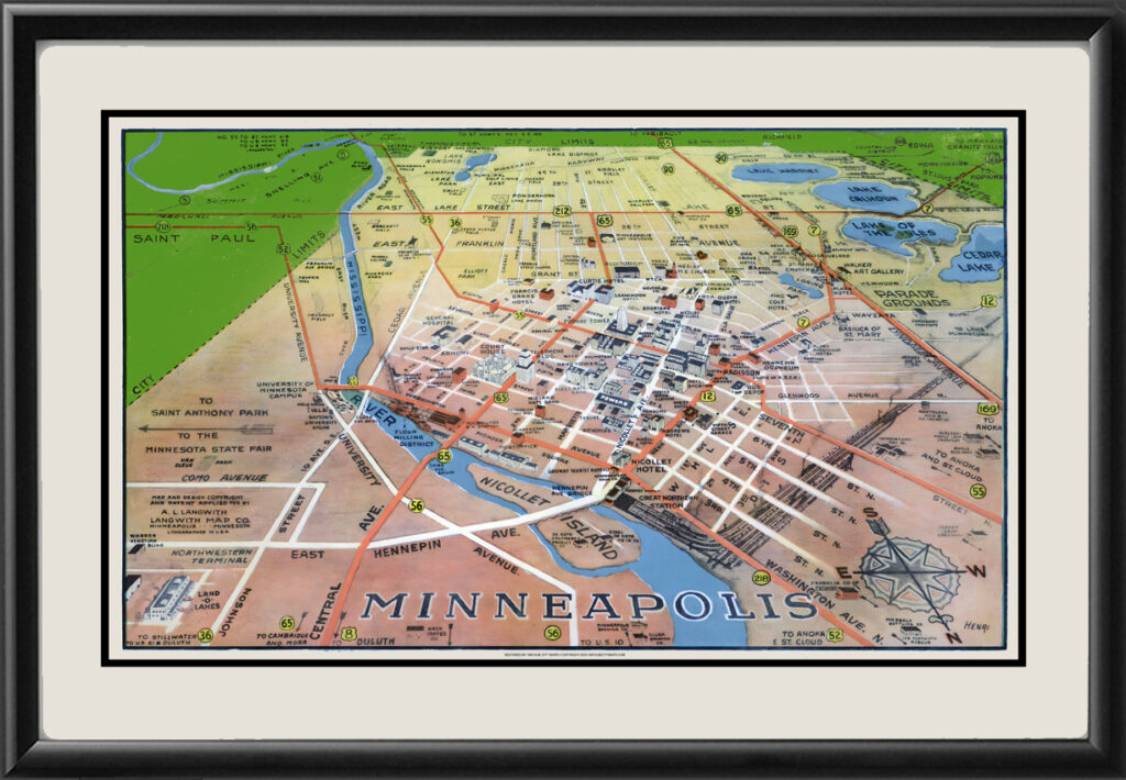Minneapolis MN 1935 - Restored Bird's Eye View Map | Vintage City Maps
