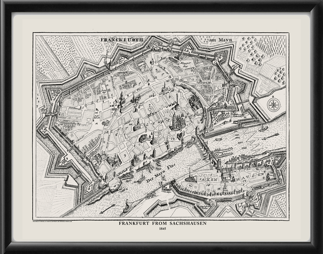Frankfurt Germany 1725 - Restored Bird's Eye View Map | Vintage City Maps