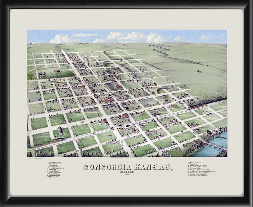 Concordia KS 1879 (Color) - Restored Bird's Eye View Map | Vintage City ...