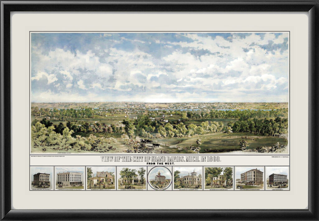 Grand Rapids MI 1860 (Color) Restored Bird's Eye Map | Vintage City Maps