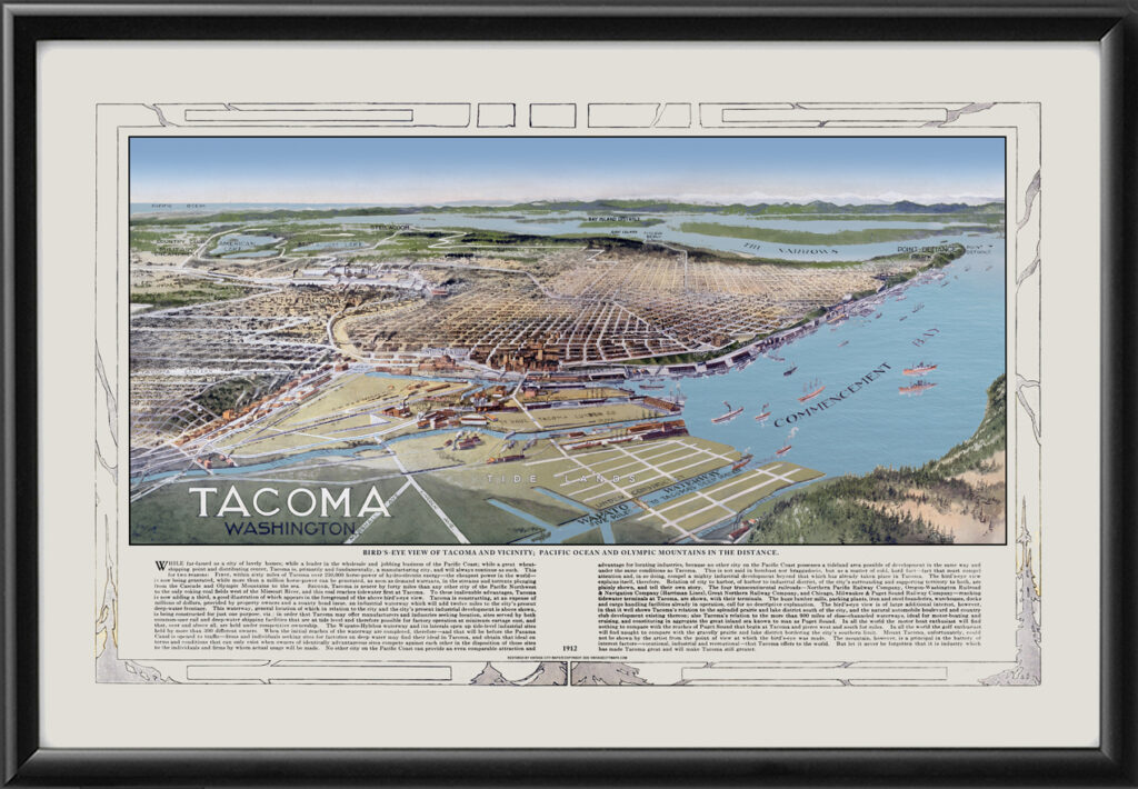 Tacoma WA 1912 - Restored Bird's Eye View Map | Vintage City Maps