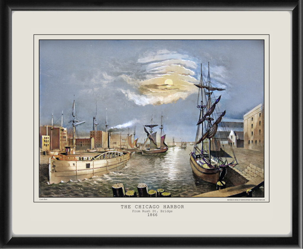 Chicago IL 1866 - Harbor from Rush St. Bridge - Restored Bird's Eye View