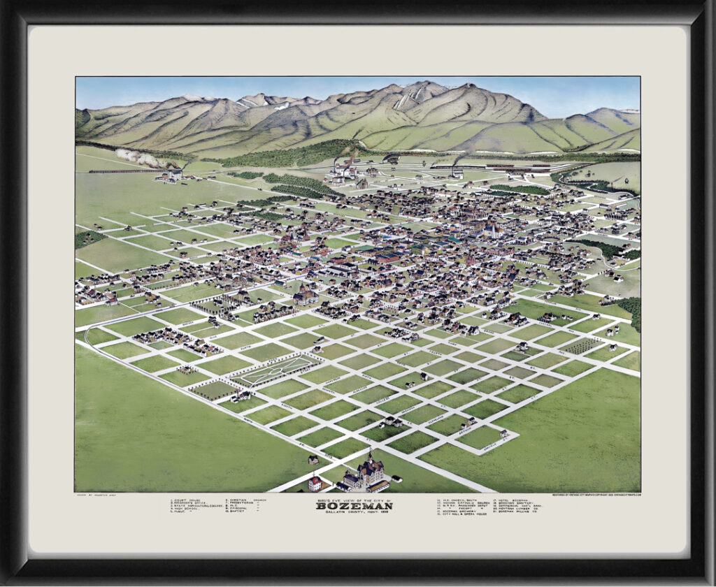 Bozeman MT 1898 (Color) Restored Bird's Eye View Map | Vintage City Maps