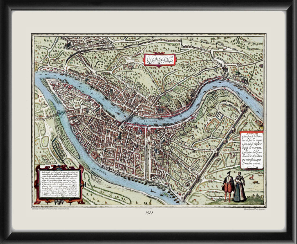 Lyon (Lugdunum) France 1572 - Restored Bird's Eye View Map | Vintage ...