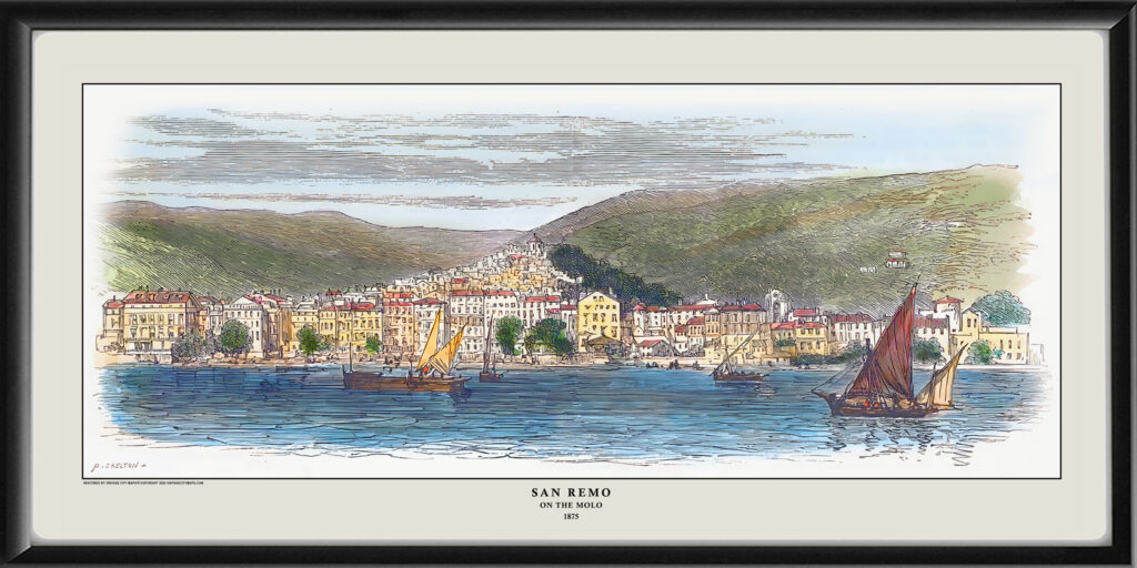 San Remo Italy 1875 - Restored Panoramic View | Vintage City Maps