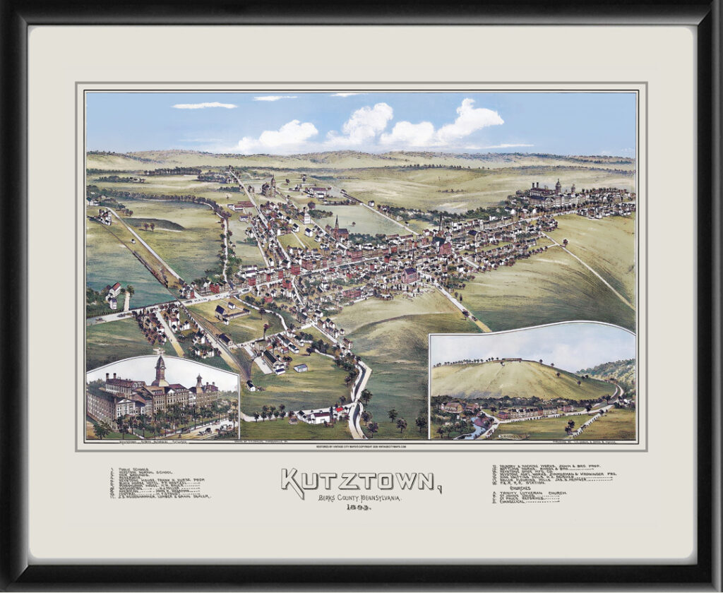 Kutztown PA 1893 (Color) - Restored Bird's Eye View Map | Vintage City Maps