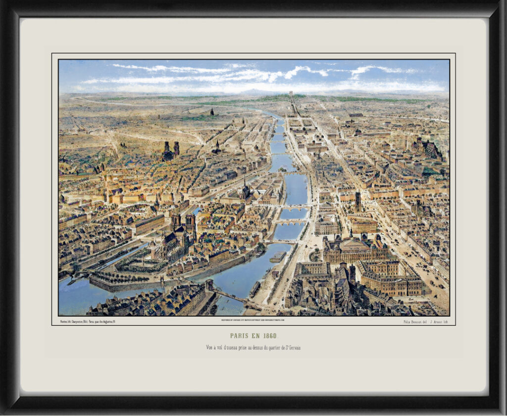 Paris France 1860 - Restored Bird's Eye View | Vintage City Maps