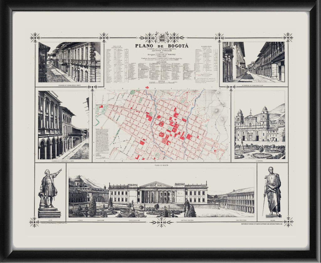 Bogota Colombia 1890- Restored Bird's Eye View | Vintage City Maps