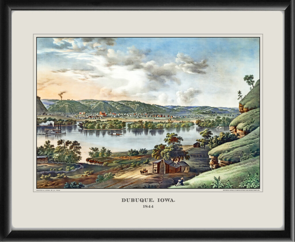 Dubuque IA 1844 (Color) - Restored Bird's Eye View | Vintage City Maps