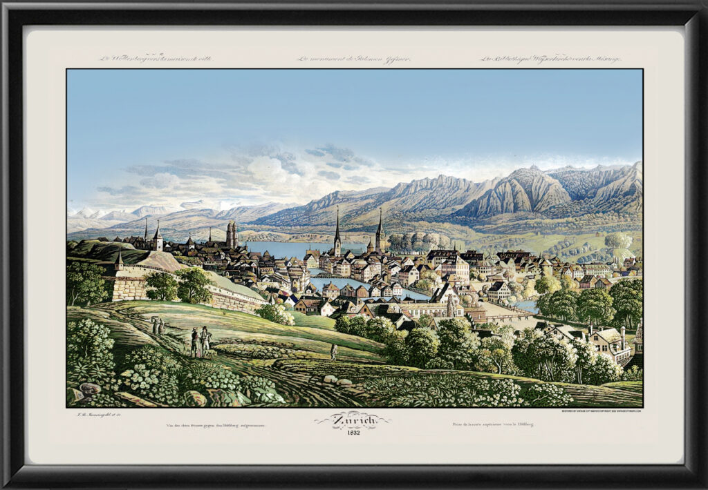 Zurich Switzerland 1832 (Color) - Restored Bird's Eye View | Vintage ...