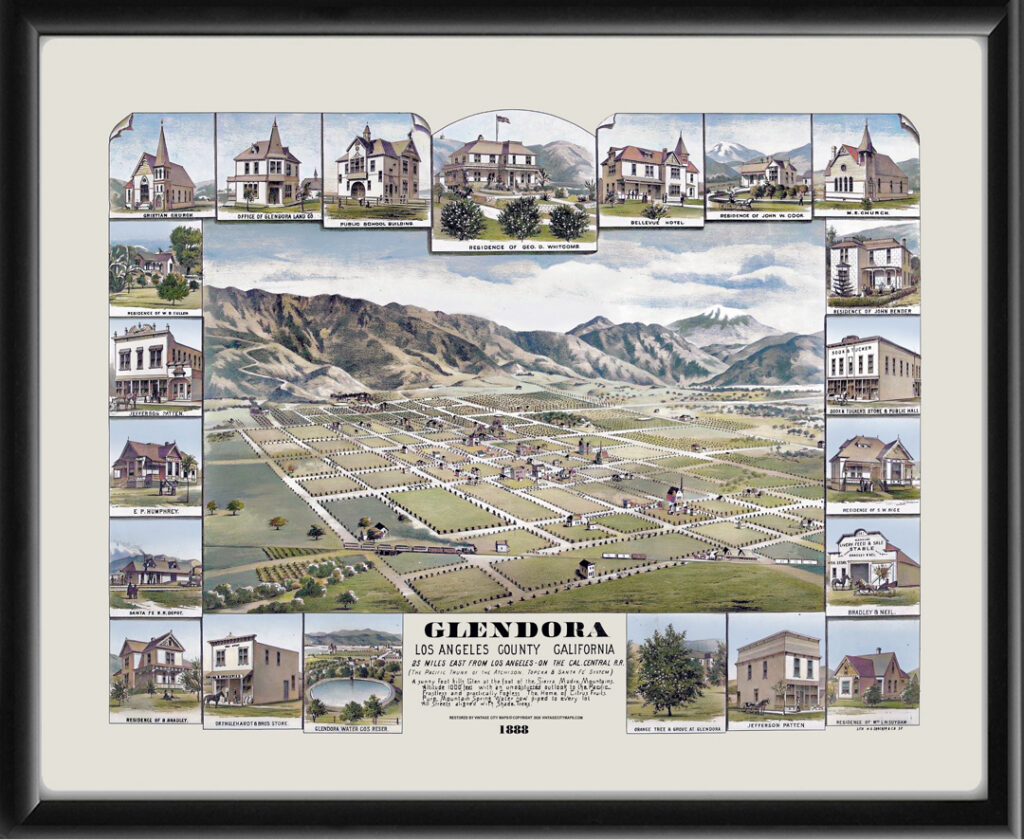 Glendora CA 1888 (Color) - Restored Bird's Eye View Map | Vintage City Maps