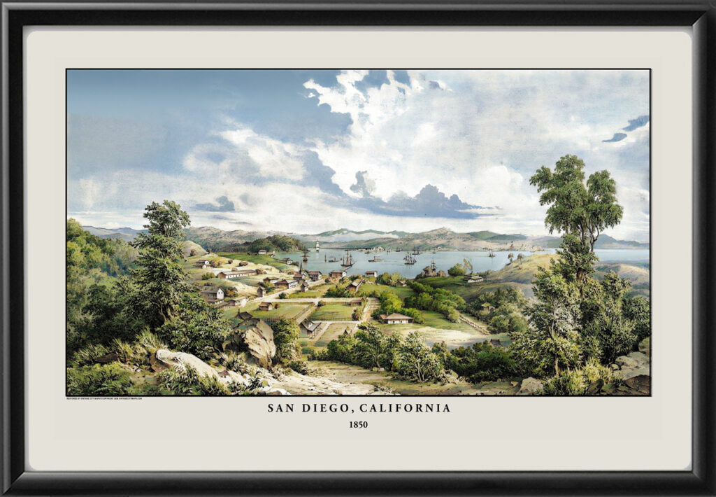 San Diego CA 1850 (Color) - Restored Bird's Eye View | Vintage City Maps