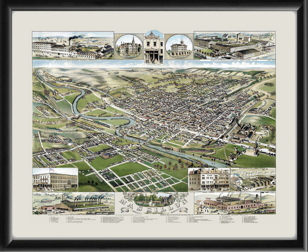 Massillon OH 1884 (Color) - Restored Bird's Eye View Map | Vintage City ...