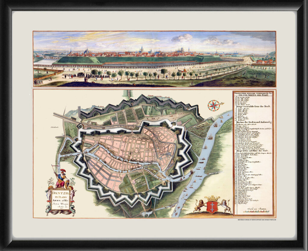 Gdansk (Danzig) Poland 1687 - Restored Bird's Eye View Map - Vintage ...