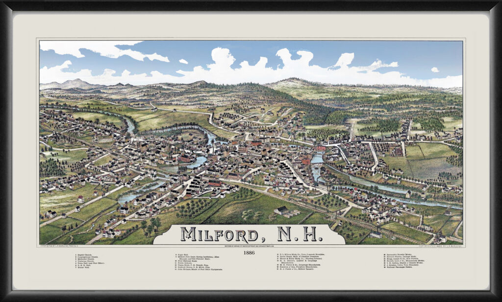 Milford NH 1886 - Restored Bird's Eye View Map