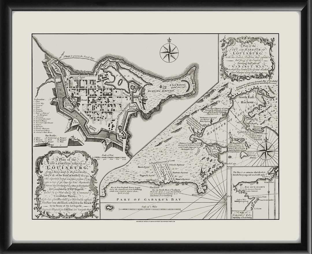 Louisbourg NS 1745 - Restored Bird's Eye View - Vintage City Maps