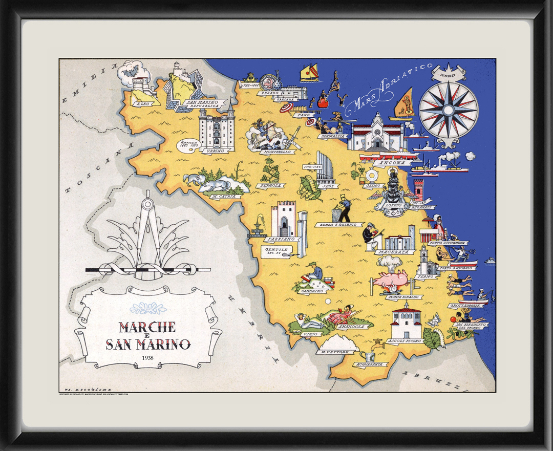 San Marino 1938 - Restored Pictorial View Map | Vintage City Maps